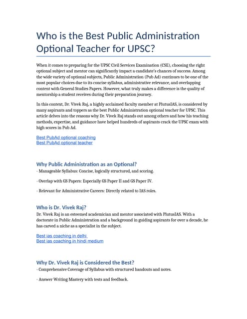 Dr Vivek Raj best known teacher of Public admin | PDF