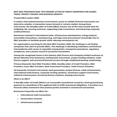 Top SBLC Providers 2026: Trusted Standby Letter of Credit Leaders for ...