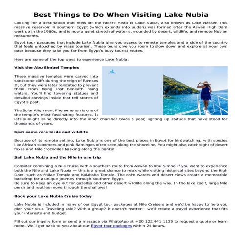 Best Things to Do When Visiting Lake Nubia | PDF