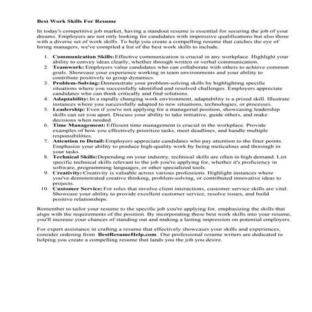 Best Work Skills For Resume. For expert assistance | PDF