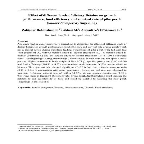 Betaine for pike perch fingerling | PDF | Fish and Aquariums | Pets