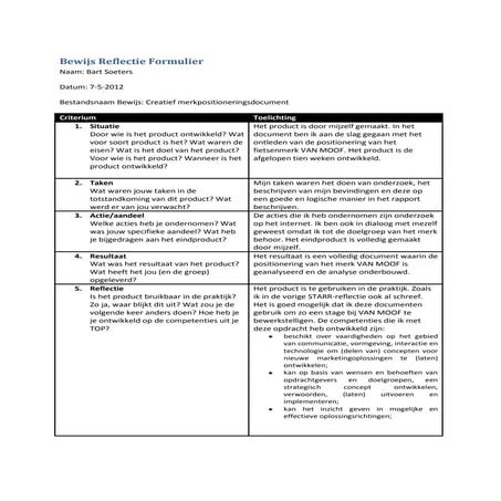 Bewijs reflectie formulier merkpositioneringsdocument | DOCX