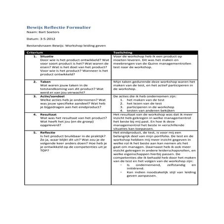 Bewijs reflectie formulier workshop c&a | DOCX