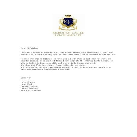 Chef Keith Recommendation Letter | DOCX