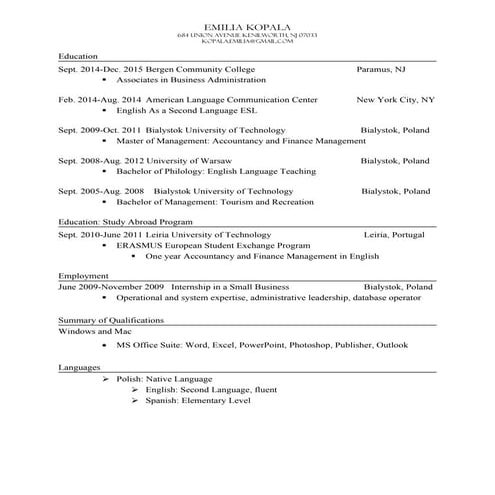 Emilia Kopala Resume 2016 | DOC