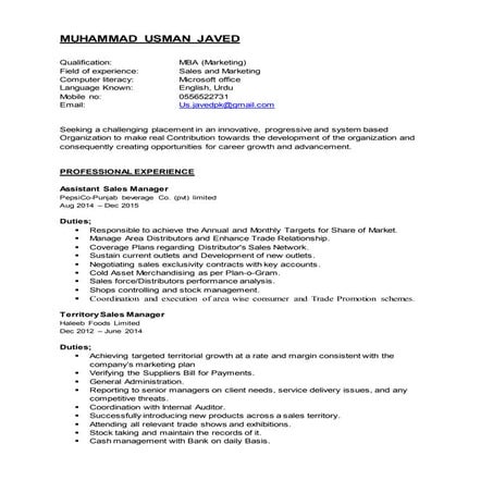 cv usman javed(MBA in marketing) (1) - Copy | PDF