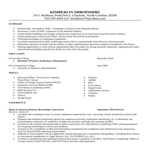 Kimberlin Shropshire Resume | DOC