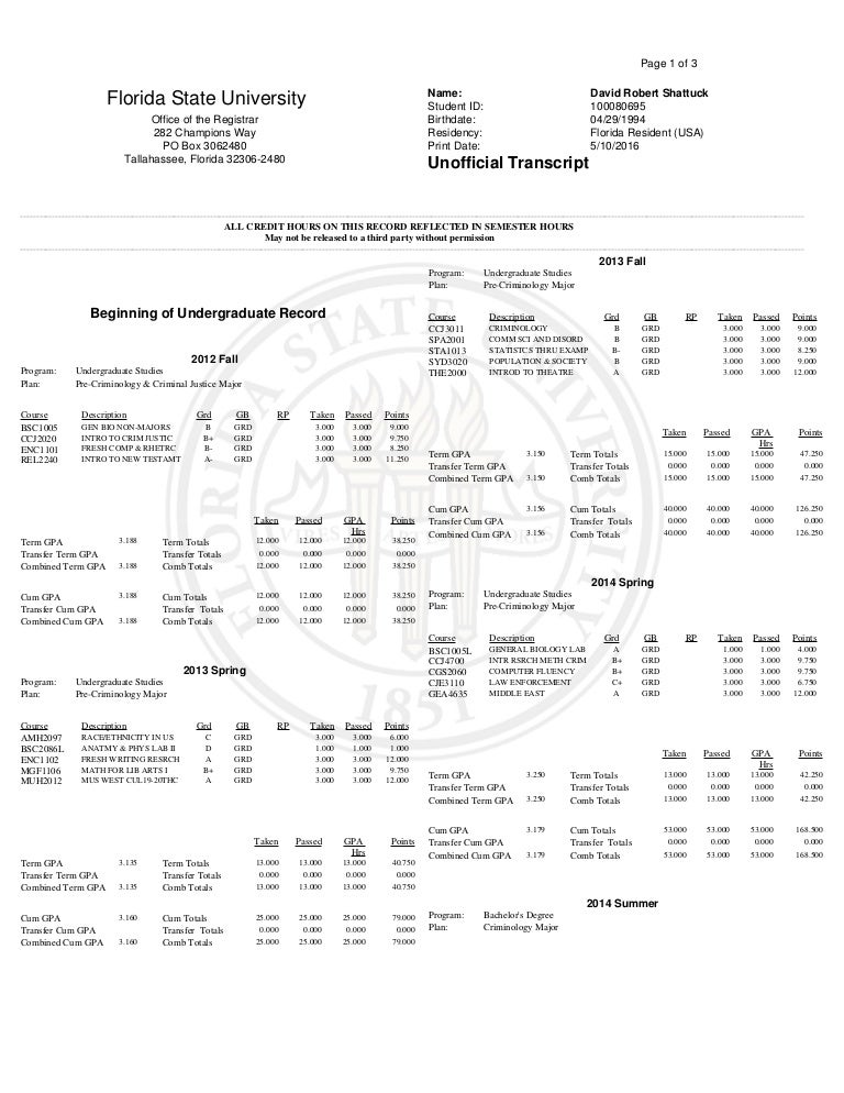 David Shattuck FSU Transcripts