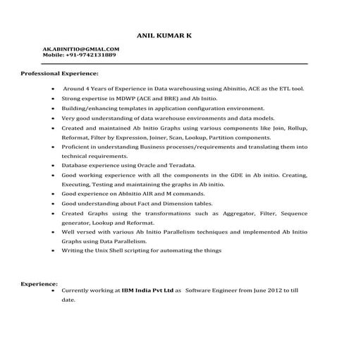 Abinitio Experienced resume-Anilkumar | DOC