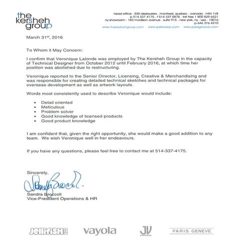 Reference letter Veronique Lalonde March 2016 | PDF