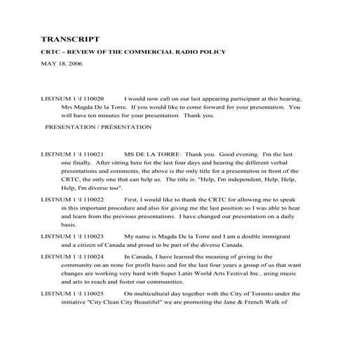CRTC May 2006 -Transcript Review of the Commercial Radio Policy | PDF