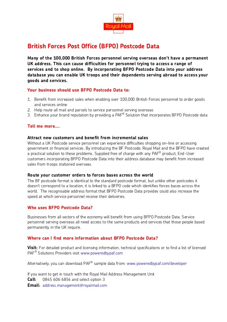 British Forces Post Office (BFPO) one page overview