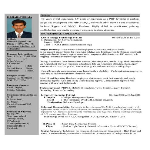 Bharathiraja php dev resume | DOCX