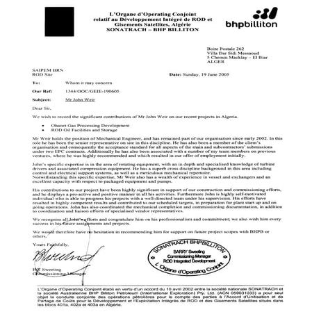 BHP Billiton Reference Letter | PDF