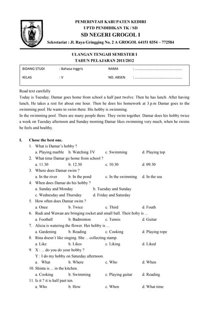 Soal uas smt 1 bahasa inggris kelas 3 | PDF