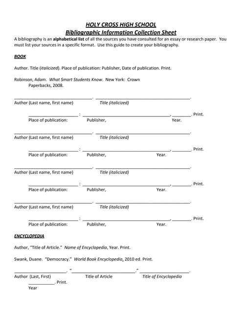Model bibliographic entries worksheet for students | DOCX