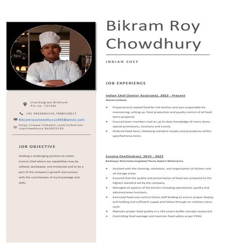 Indian Chef Roshan Xavier Resume