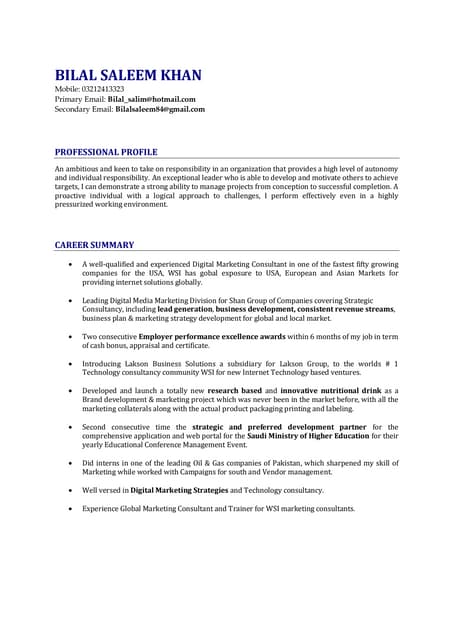 Bilal Saleem 2012 Updated Cv | PDF