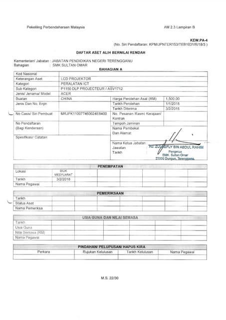Aset Bernilai Rendah (KEW.PA-4) Peralatan ICT Bilik Seminar SMKSO | PDF