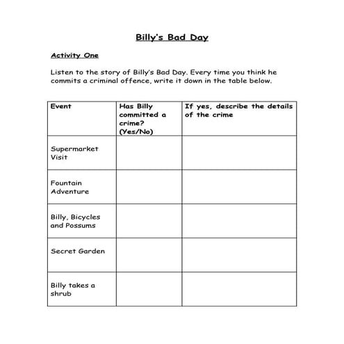 Billys Bad Day Worksheet | DOC
