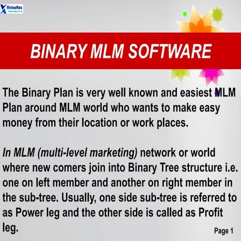 Binary mlm, matrix mlm plan, binary mlm calculator, binary network marketing | PDF