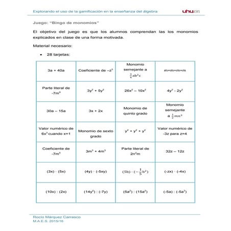 Bingo monomios | PDF