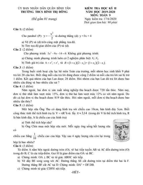 Đề Thi HK2 Toán 9 - THCS Độc Lập | PDF