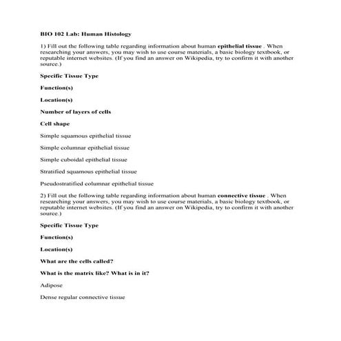 BIO 102 Lab- Human Histology 1) Fill out the following table regardin.pdf