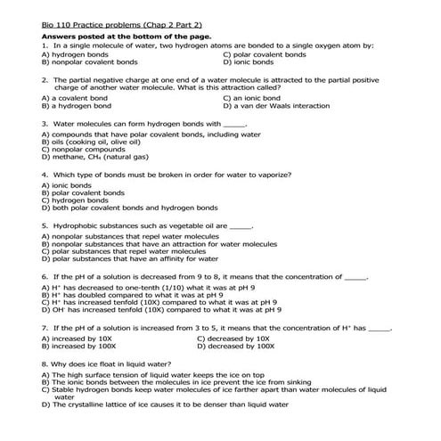Bio110 practice problems chap2 part2 | PDF | Chemistry | Science