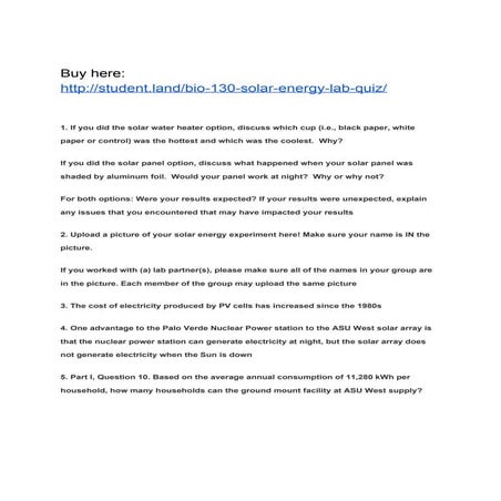 BIO 130 Solar Energy Lab Quiz | PDF