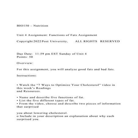 BIO150 – Nutrition Unit 4 Assignment Functions of Fats.docx | Healthy ...