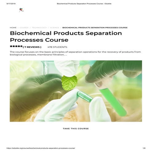 Biochemical Products Separation Processes Course - Edukite | PDF