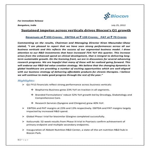 Biocon Q1 FY13 Results Presentation July 2012 | PDF | Biotech and ...