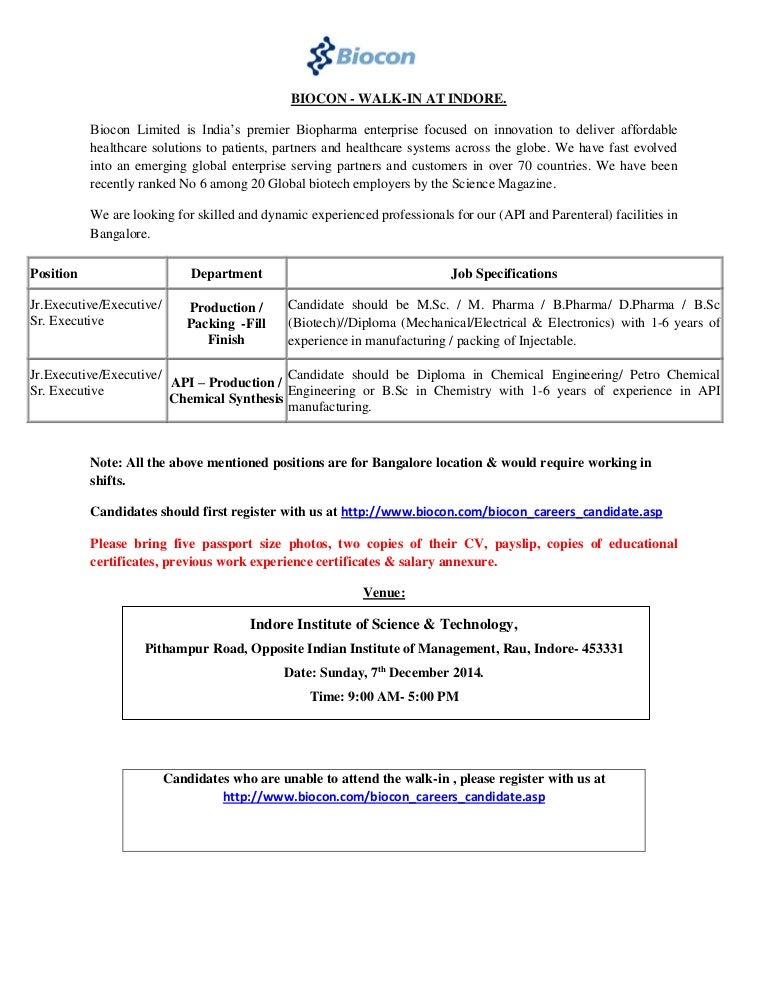 Biocon Walk-in Interview Indore
