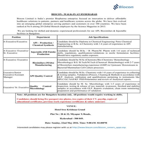 Biocon Walk in Interviews at Hyderabad on May 22, 2016 | PDF