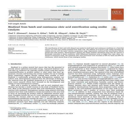Biodiesel from batch and continuous oleic acid esterification using zeolite catalysts | elsevier ...