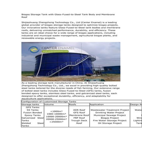 Biogas Storage Tank with Glass-Fused-to-Steel Tank Body and Membrane ...