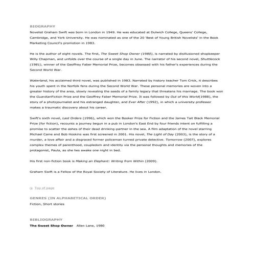 Biography of Graham Swift | DOC