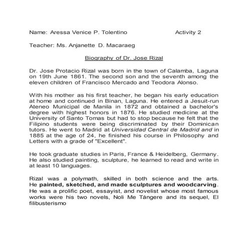 Biography of dr. jose rizal | DOCX