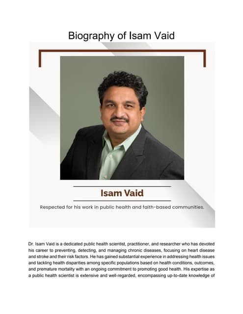 Isam Vaid, Health scientist (formerly muslim religious life scholar)