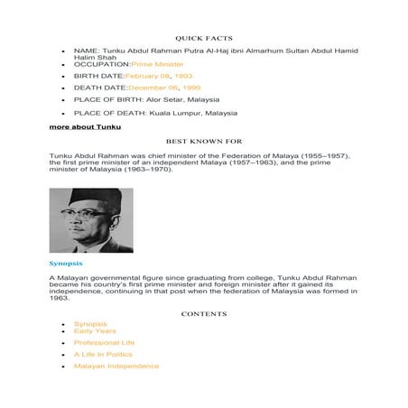 Biography of tunku abdul rahman | DOC