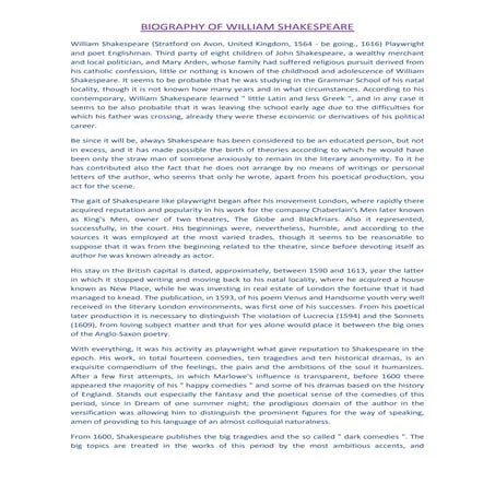 Biography of william shakespeare | DOCX