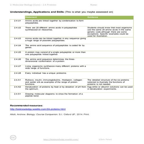 IB Biology Standard 2.4 Proteins Lecture | DOCX