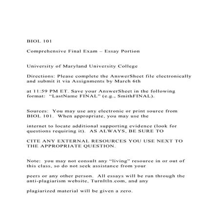 BIOL 101 Comprehensive Final Exam – Essay Portion U.docx