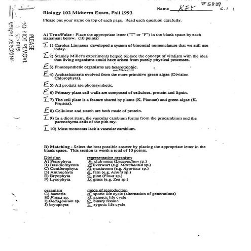Biol 102 midterm (1993) | PDF