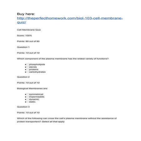 BIOL 103 CELL MEMBRANE QUIZ | PDF