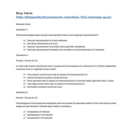 BIOL 103 MEIOSIS QUIZ | PDF