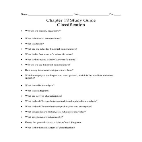 Biology - Chp 18 - Classification - Study Guide | PDF