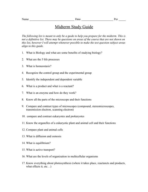 Biology - Midterm - Study Guide | PDF