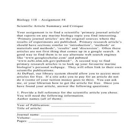 Biology 118 – Assignment #4Scientific Article Summary and Crit.docx ...